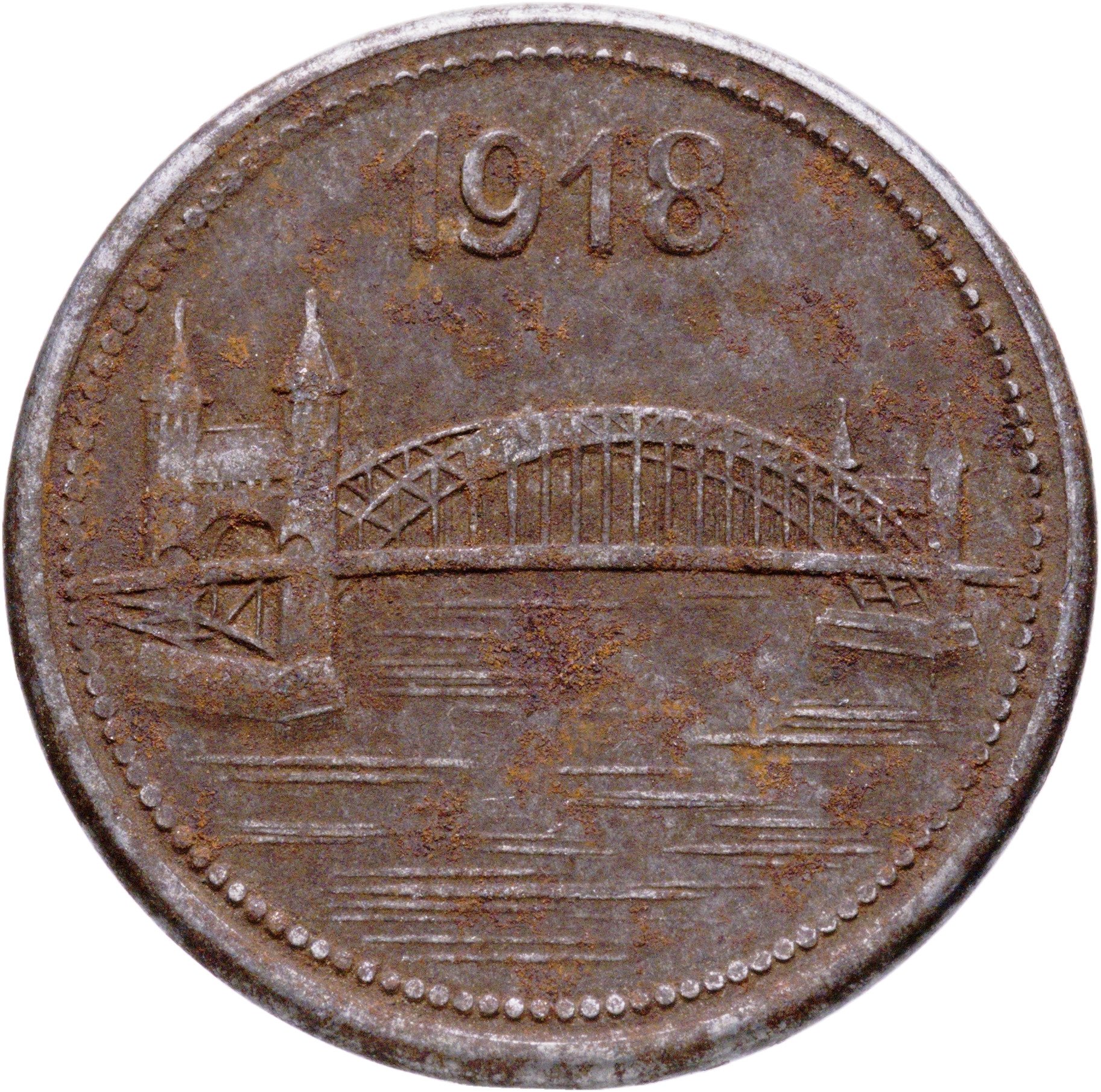 Германия "Районы Бонна и Зигкрейса" 10 пфеннигов 1918 нотгельд, Железо, в сохранности VF