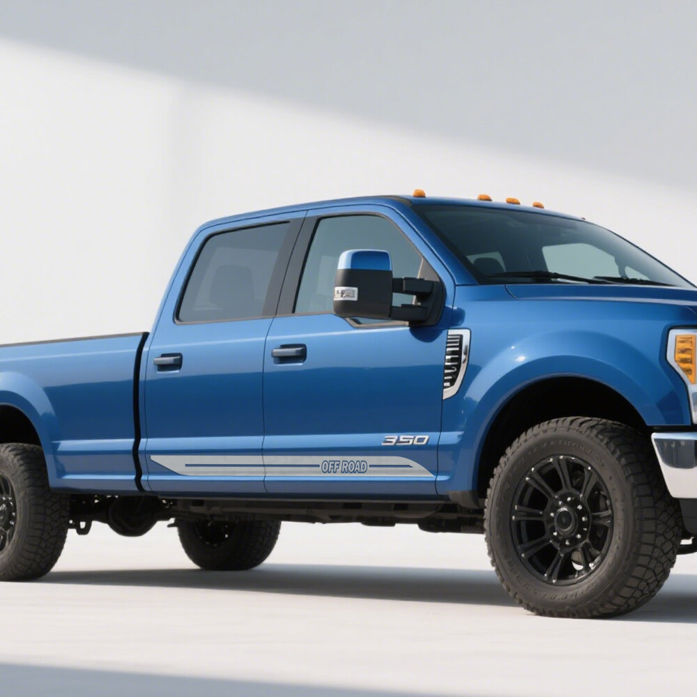 Две спортивные виниловые наклейки‑полосы на пороги пикапа Форд F350 Super Duty, внешний тюнинг кузова