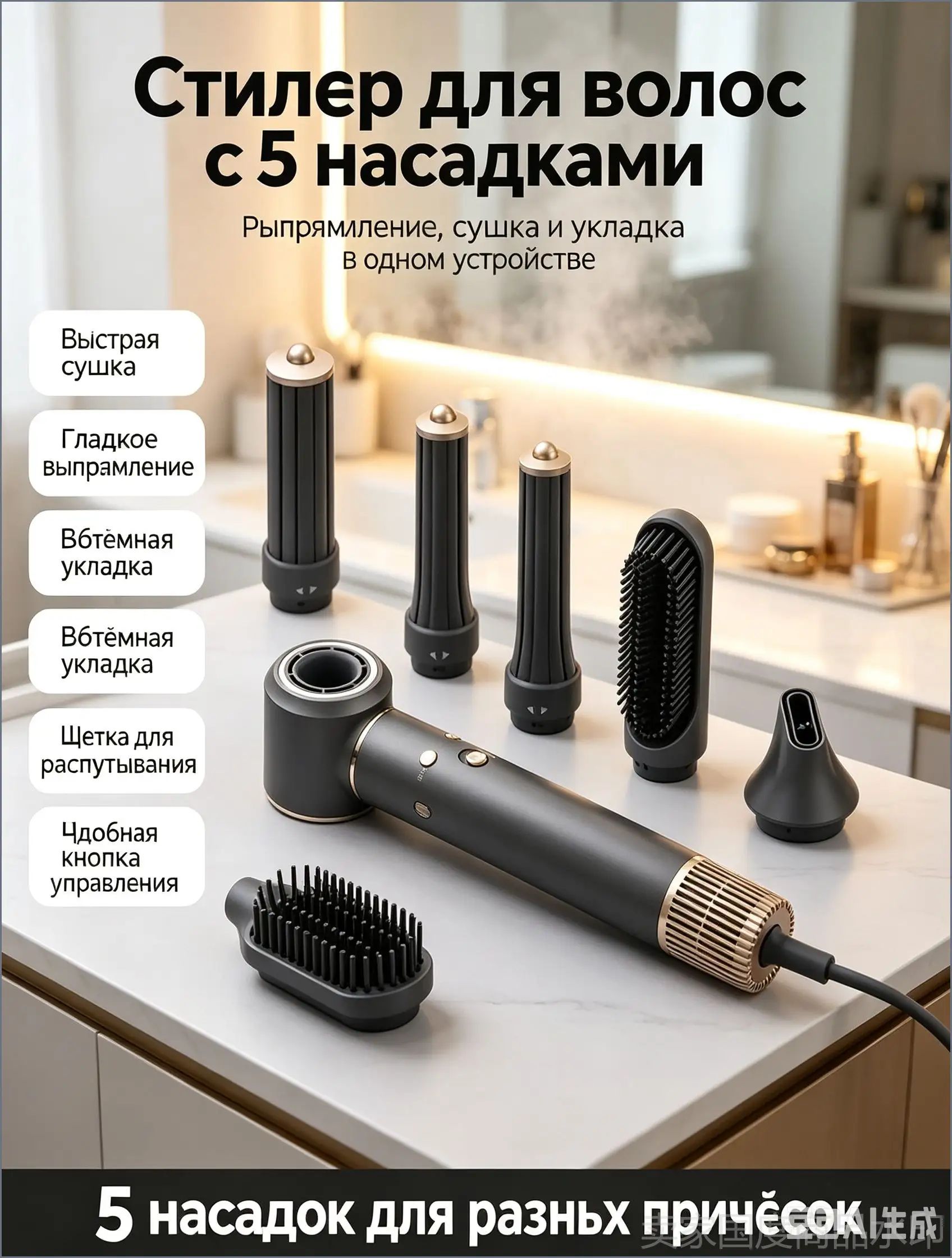 Стайлер для волос Zofft Essential S300 профессиональный сумка-чехол, 1400 Вт, с 5 насадками для сушки и укладки кудрей / фен с эффектом плазмы для завивки локонов
