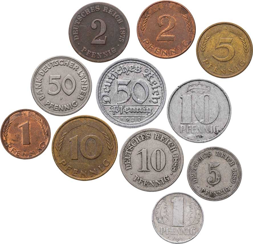 Германия набор из 10 монет 1, 2, 5, 10, 50 пфеннигов pfennig 1875-1994, Различные сплавы, в сохранности F-XF