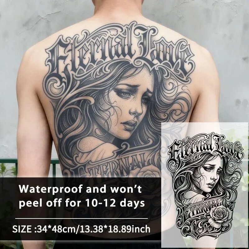 Проявляющаяся водостойкая временная татуировка, женский портрет и розы Eternal Love, в графическом стиле, для спины, для фотосессии, 1 лист, для мужчин и женщин