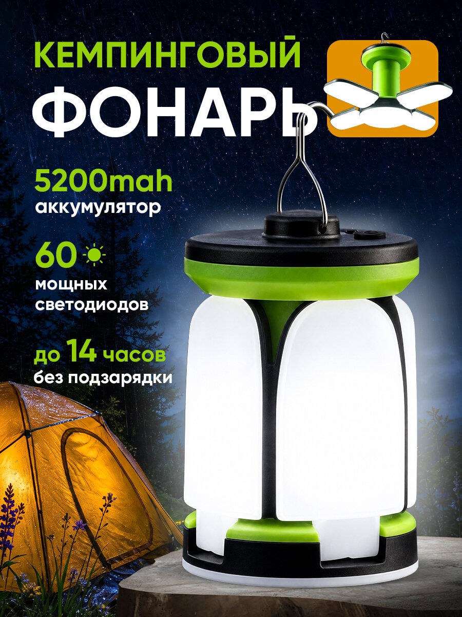 Кемпинговый фонарь аккумуляторный с зарядкой от USB. Светодиодный фонарь для палатки, подвесной, в поход, для туризма, рыбалки, отдыха на природе. Лампа для кемпинга, сада.