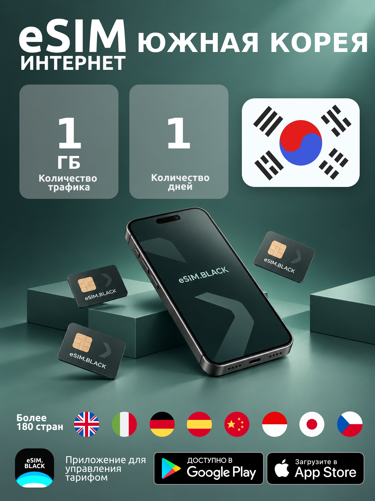 Южная Корея/1 день/1 ГБ - eSIM для мобильного интернета ( iPhone | Android ).