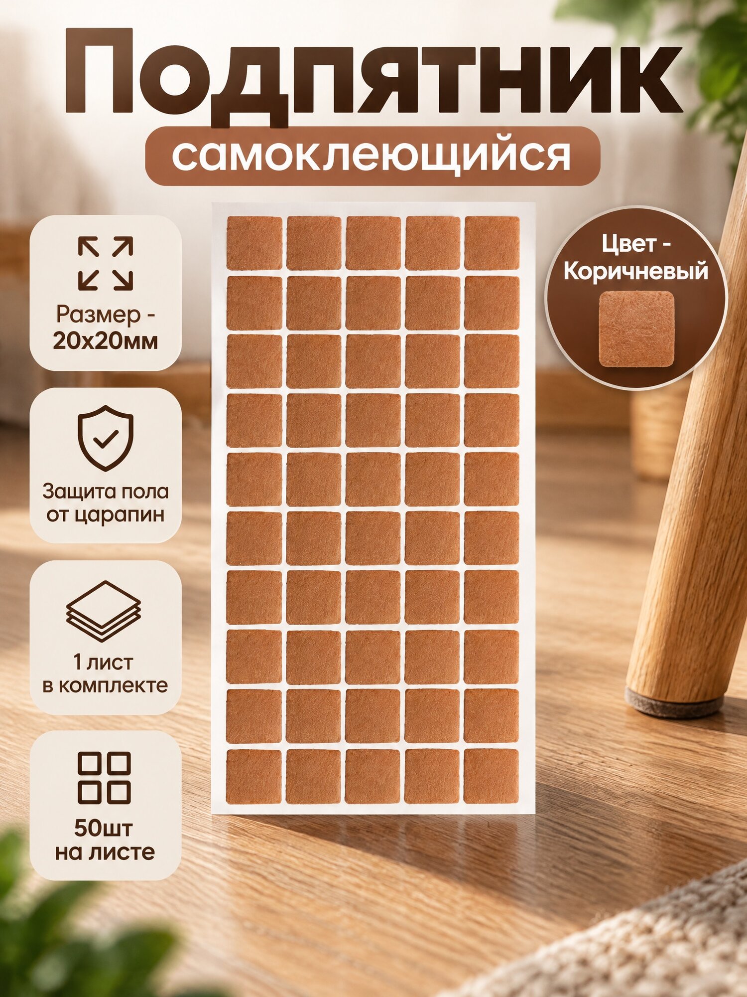 Накладки на ножки самоклеящиеся , протекторы , подпятники мебельные 20*20мм коричневый 50шт