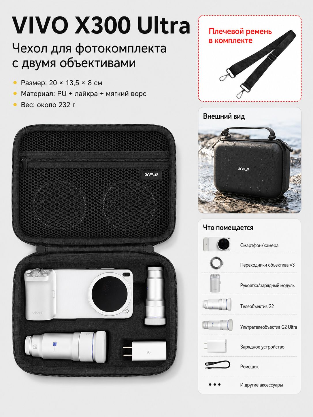 Набор-чехол XFJI для VIVO X300Ultra и объектива G2Ultra/G2, жёсткий кейс, 20x13.5x8 см