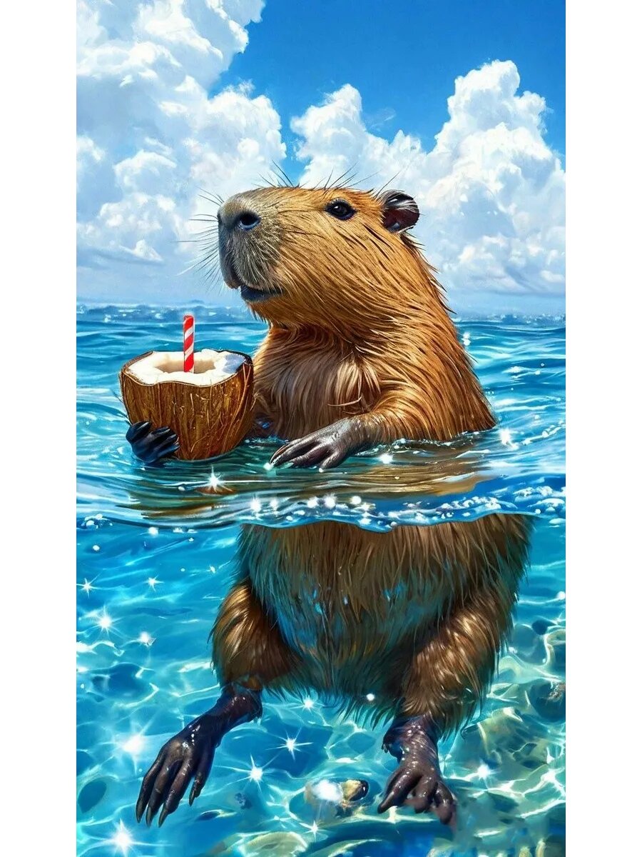 Постер "Капибара, голубая вода, пьет кокос" из коллекции "Приколы" А4