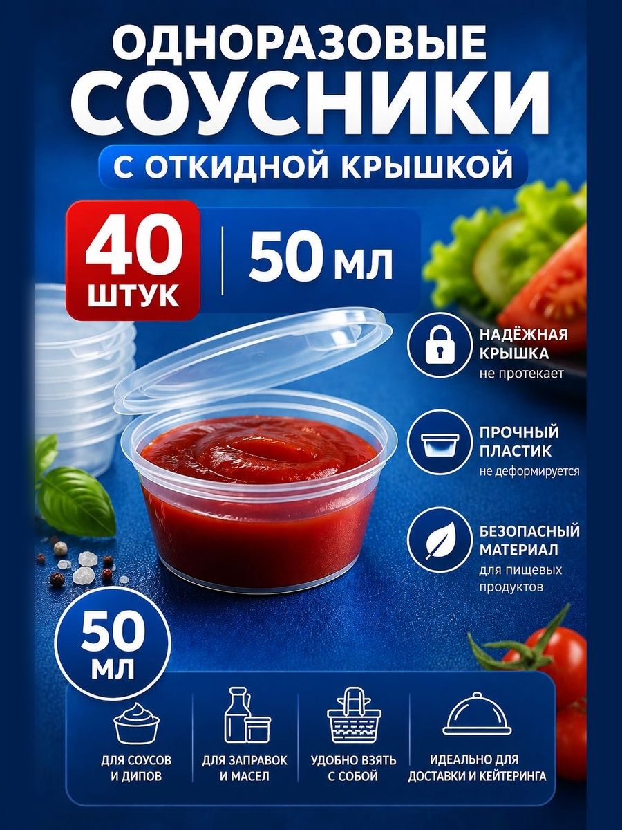 Одноразовые пластиковые контейнеры с крышкой, круглые, для соусов и супов, для упаковки еды