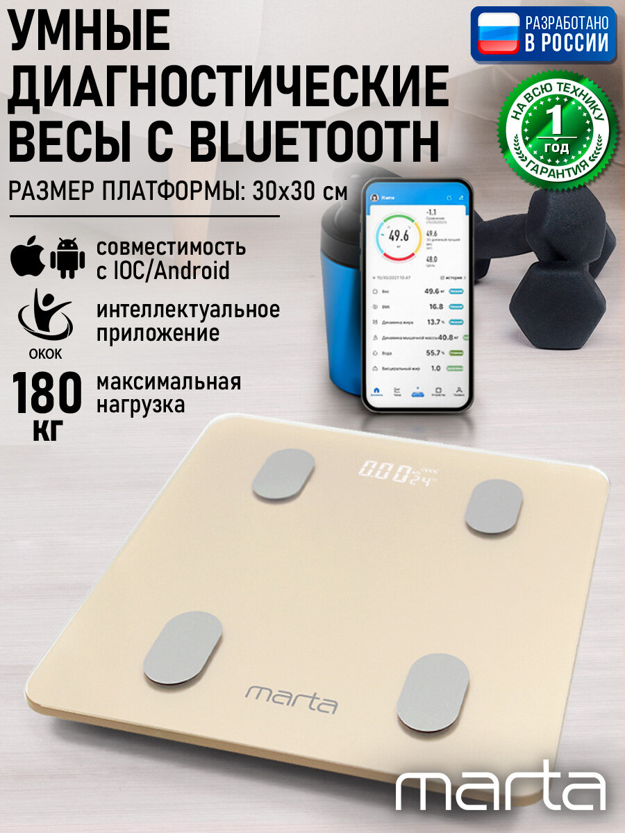 Весы напольные умные MARTA MT-1606 золотистый опал, светящиеся символы дисплея