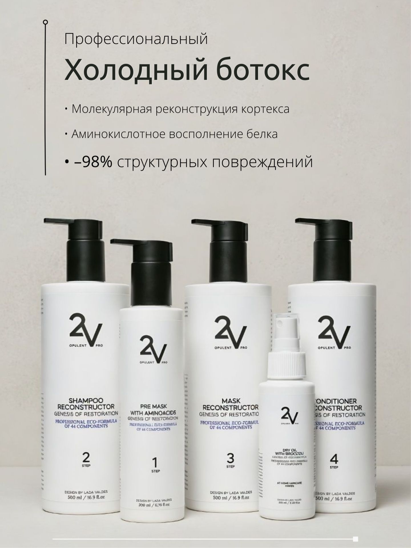 PRO-5: Профессиональный холодный ботокс для волос набор 2V OPULENT PRO холодное восстановление в домашних условиях. 1800мл