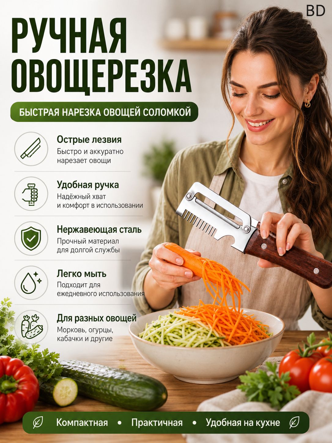 Овощерезка ручная для шинковки овощей соломкой, нож-овощечистка с деревянной ручкой, 1 шт.