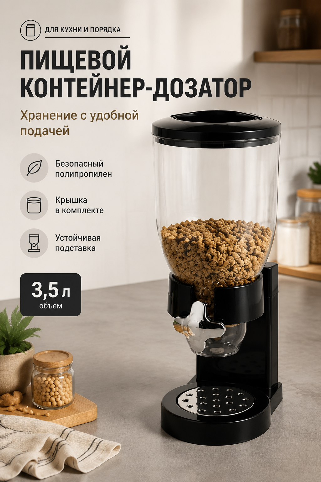 Пищевой контейнер-дозатор 3,5 л, черный, из полипропилена, с крышкой и подставкой