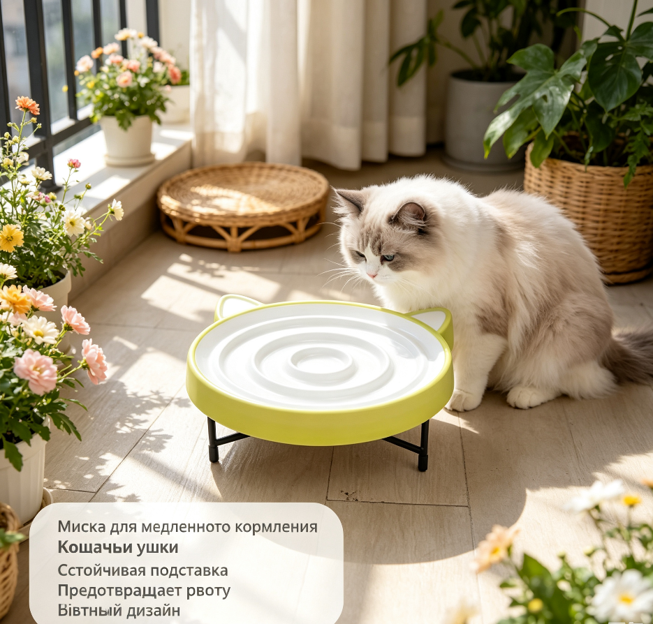 Керамическая миска‑медленного кормления для кошек с ушками, подставка из металла, антизахлебывающая миска для питомцев
