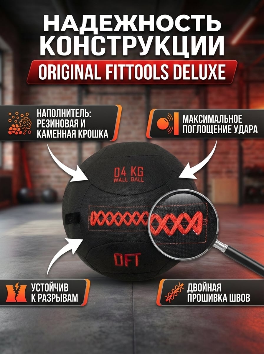 Мяч тренировочный 4 кг Original FitTools Wall Ball Deluxe, спортивный для кроссфита, износостойкий, для силовых тренировок, нескользящий, для дома и зала, черный