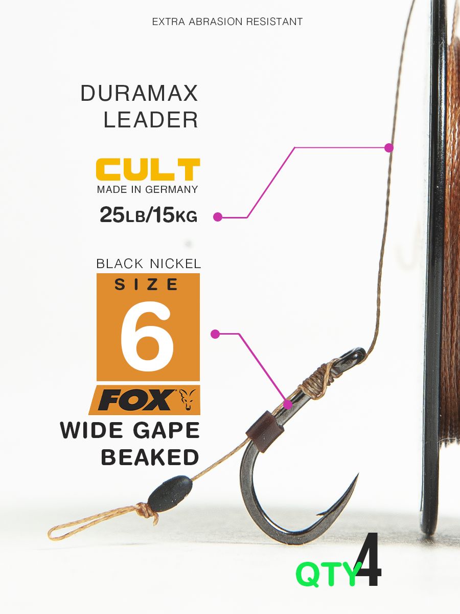 Готовые рыболовные поводки с крючком FOX Wide Gape Beaked №6, Climax CULT 0.18мм 25lb - 18см, в уп. 4шт