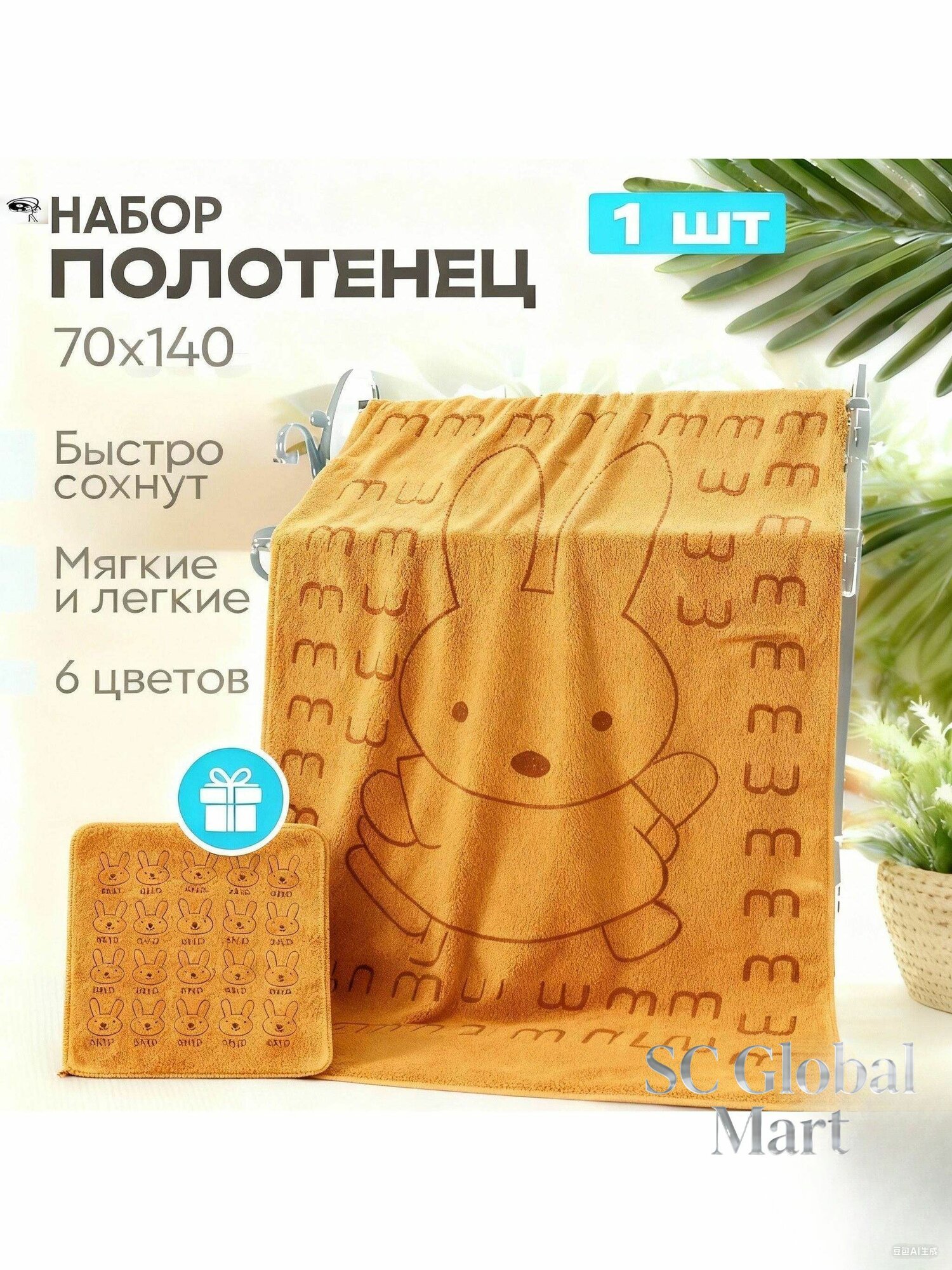 Полотенце банное 70x140 см, микрофибра, горчичный, 1 шт