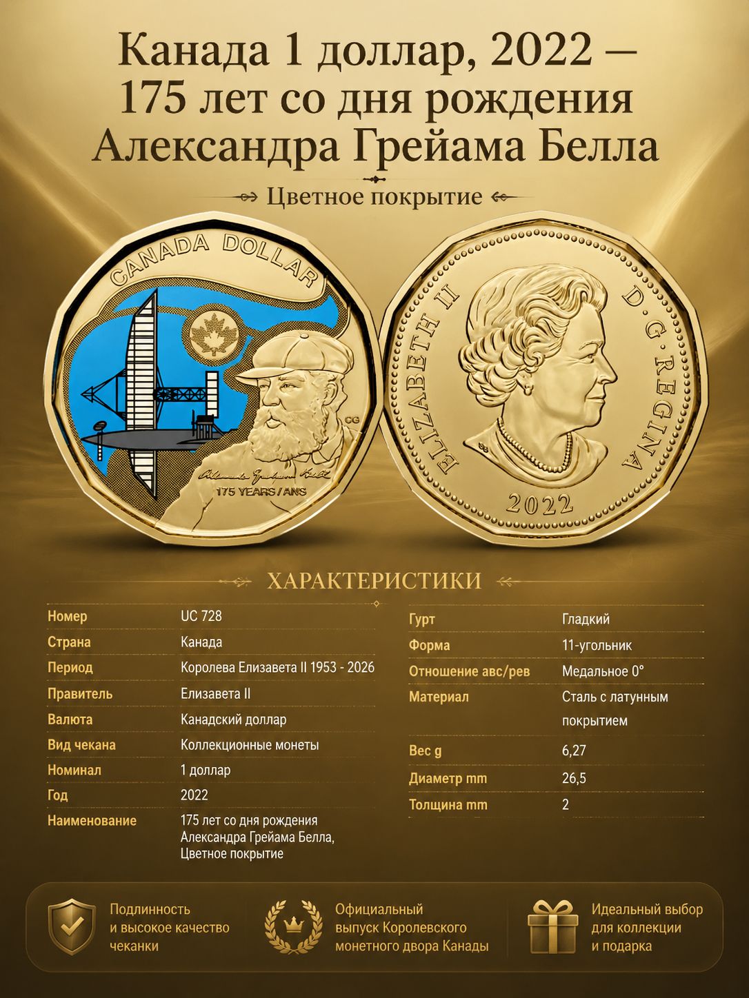 Канада 1 доллар, 2022 Грейам Белл, цветная UNC