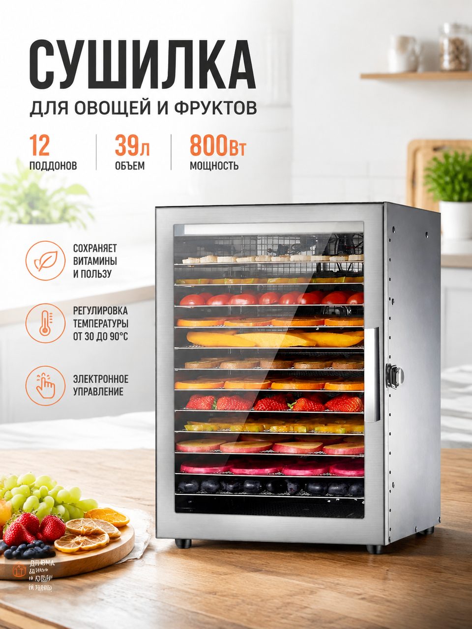 Сушилка для овощей и фруктов Septree st-06 / Дегидратор на 12 поддонов, 39л, 800 Вт / Электронное управление