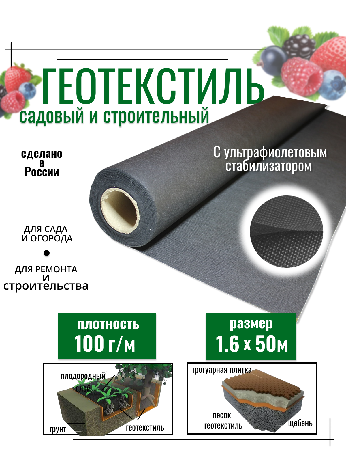 Геотекстиль черный от сорняков для сада и стройки 100 г/м2 1,6х50 м