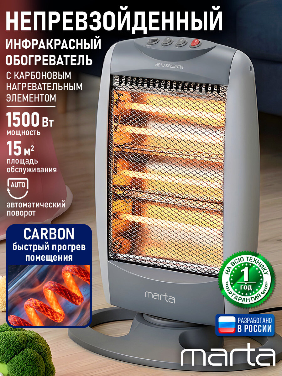 Инфракрасный обогреватель MARTA MT-IH2587A, 1500Вт, напольный, пластик, серый