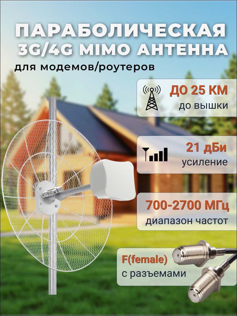 Антенна 3G/4G параболическая MIMO усилитель сигнала 21 дБ для роутера/модема на даче, KROKS KNA21-700/2700 F-female
