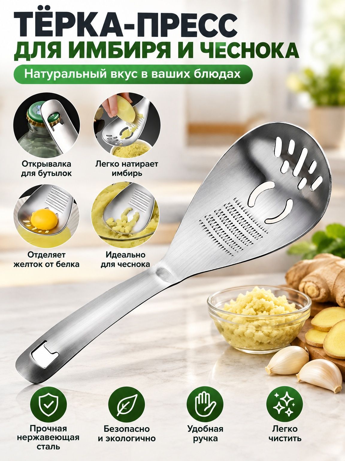 Многофункциональная и прочная ложка для измельчения, превращающая чеснок и имбирь в домашних условиях, популярный дуршлаг