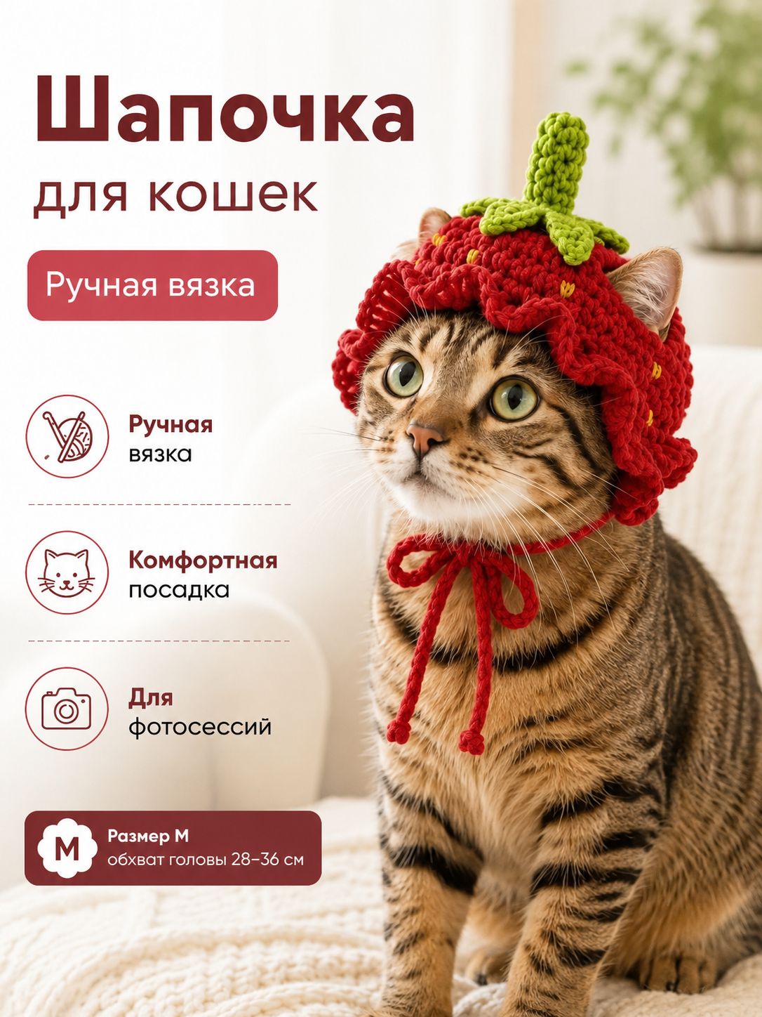 Шапка для кошек и собак в виде клубники, с отверстиями для ушей, универсальный размер