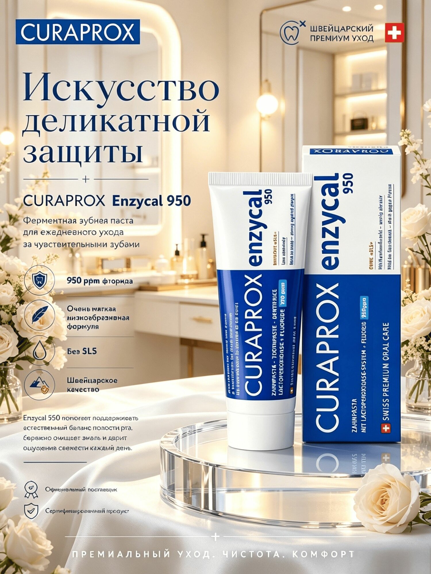 Зубная паста с фтором Enzycal 950 ppm для взрослых и детей от 12 лет, абразивность RDA 60, для ежедневной гигиены, без сахара 75 мл