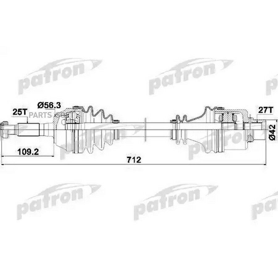 Полуось перед 25x713.5x56.3x27 RENAULT: TRAFIC Van 1.4/1.7/1.9D/2.0/2.1D/2.2/2.2 4x4/2.5D/2.5D 4x4 89-01, TRAFIC c борт 1.7/2.0 RWD/2.1 D RWD/2.5 D 89-01, TR от официального дистрибьютора, PATRON, артикул PDS0076