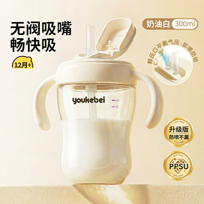 Детская бутылка для питья из PPSU с ручкой и трубочкой Huangxing для малышей 300 мл Объем：[PPSU-Питье напрямую]