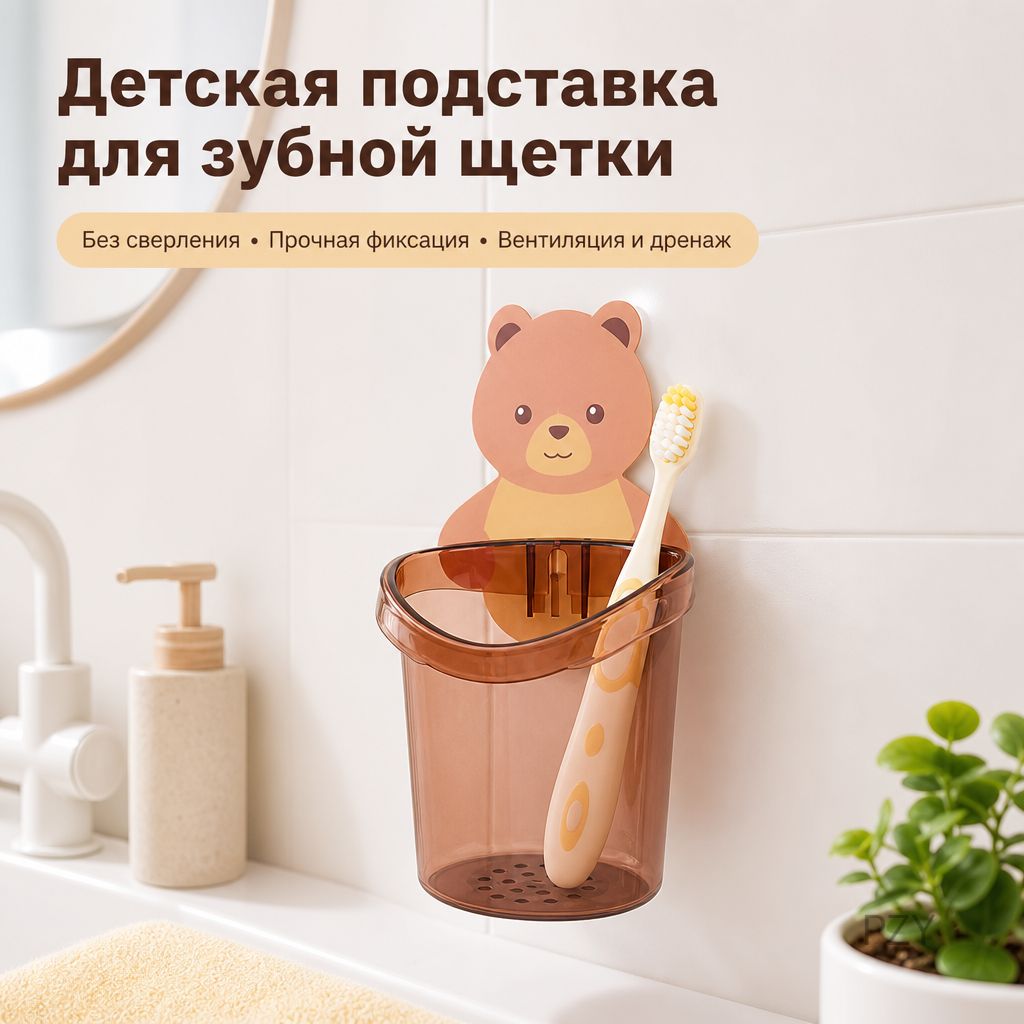 Детская подставка для зубных щеток с присосками, форма медвежонка, настенная без сверления, прозрачный стакан, кофейный цвет