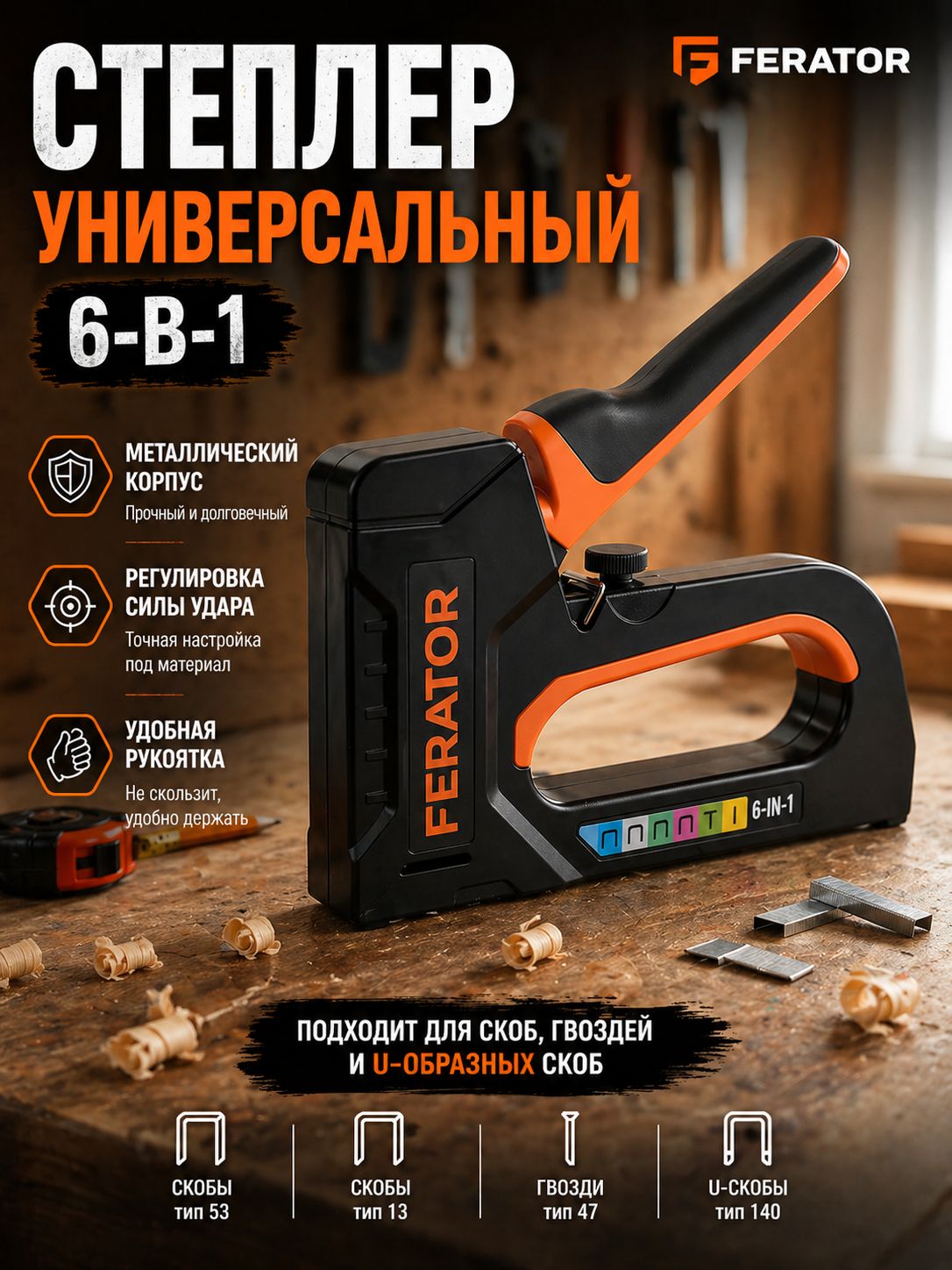 Степлер строительный универсальный мощный 6 в 1