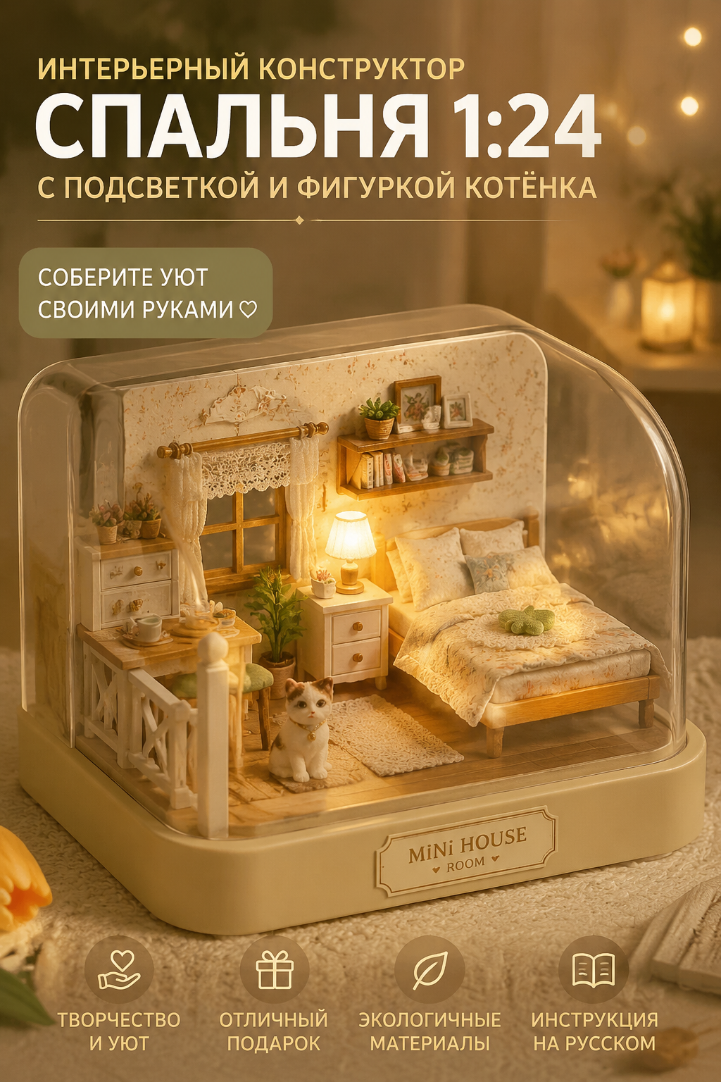 Интерьерный конструктор спальни 1:24 с подсветкой, куполом и фигуркой котёнка