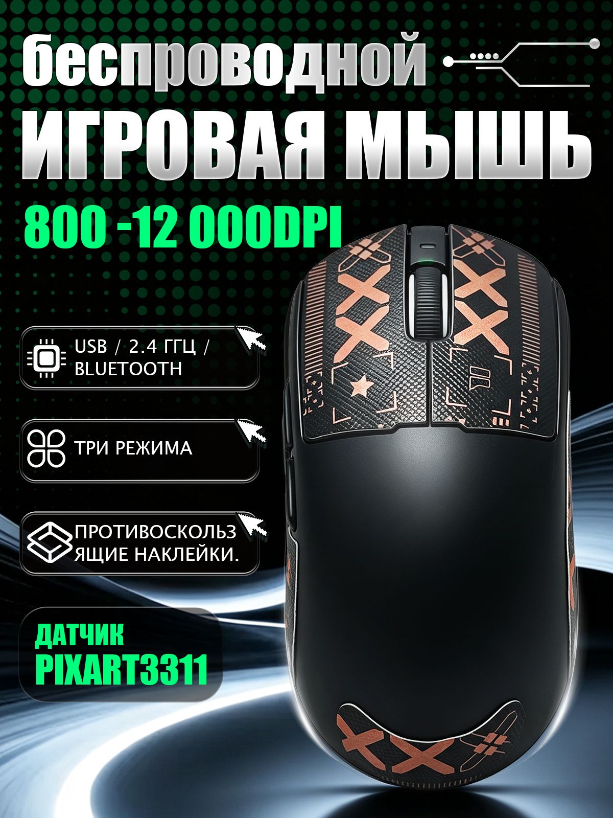 Мышь беспроводная бесшумная игровая для ноутбука / 12000 DPI Мышка беспроводная игровая для компьютера bluetooth 5.1 + 2.4G