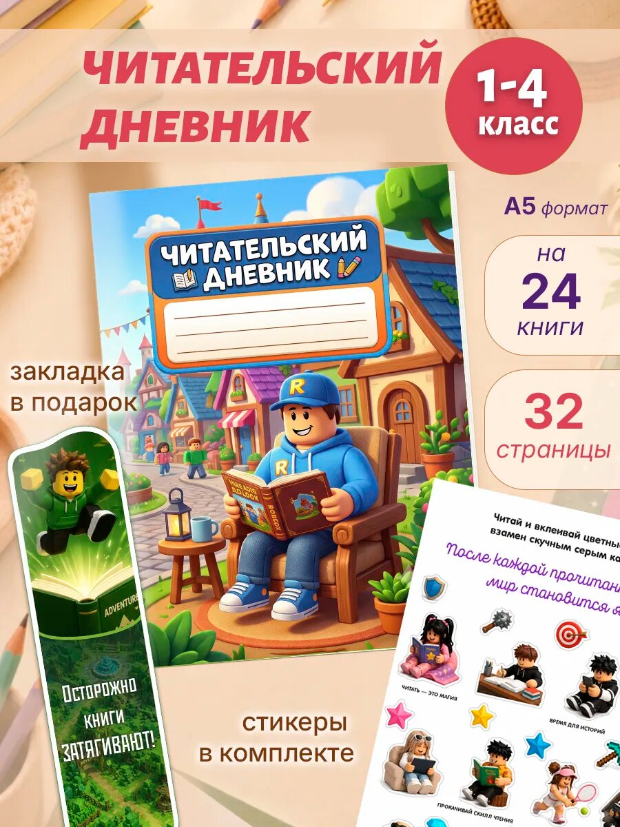 Читательский дневник в косую линию 1-4 класс с наклейками
