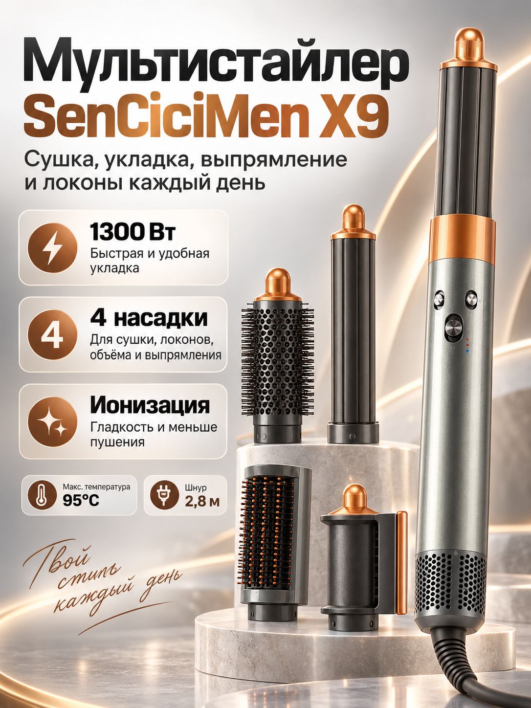 Мультистайлер SenCiciMen X9 EU Bright Gray 1300 Вт, 4 насадки, ионизация, для локонов и выпрямления волос