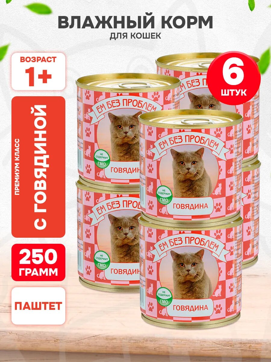 Корм влажный Ем Без Проблем для взрослых кошек, говядина, 250 г 6 шт