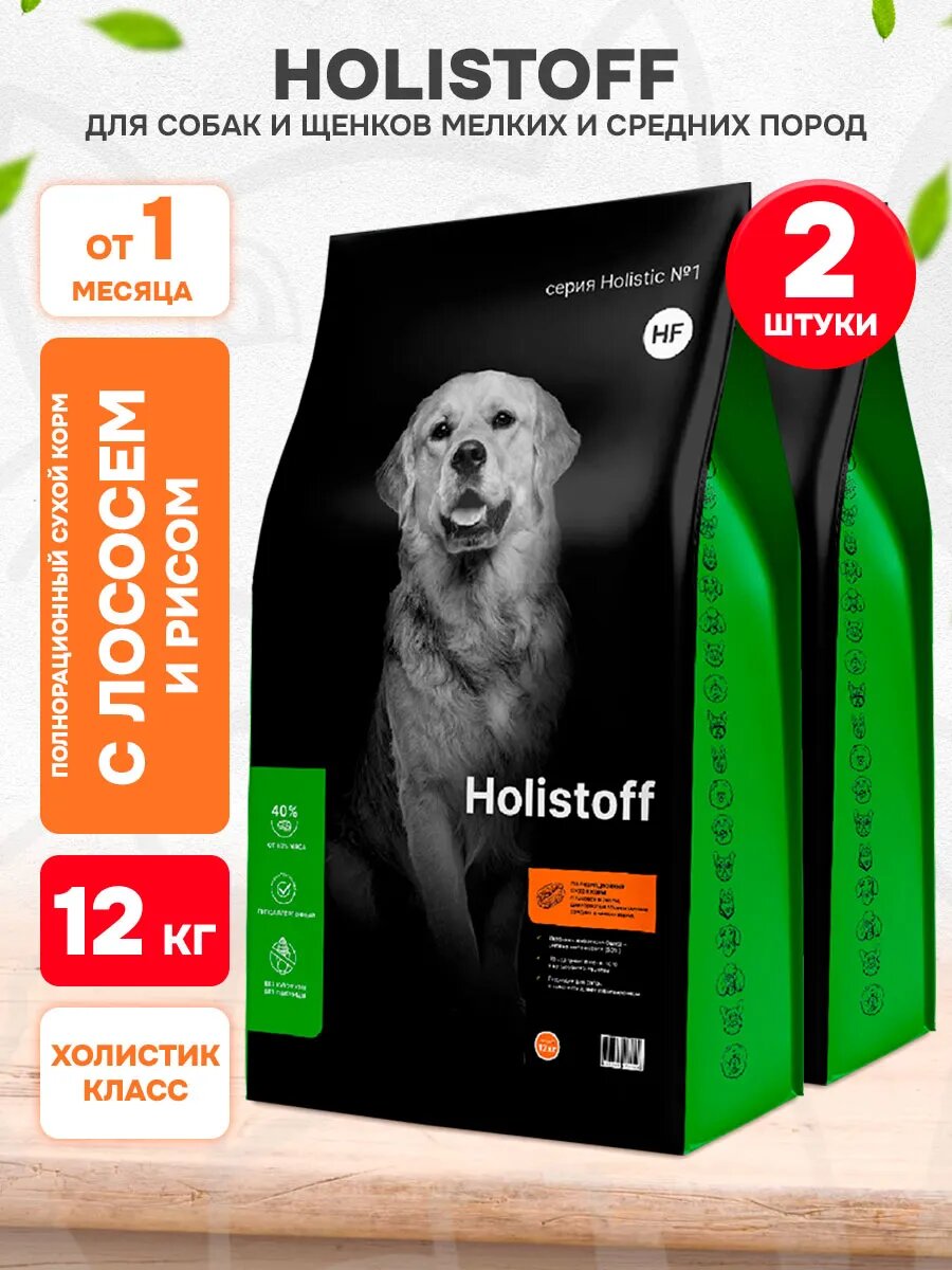 Корм сухой Holistoff гипоаллергенный для собак и щенков мелких и средних пород, лосось и рис, 12 кг 2 шт