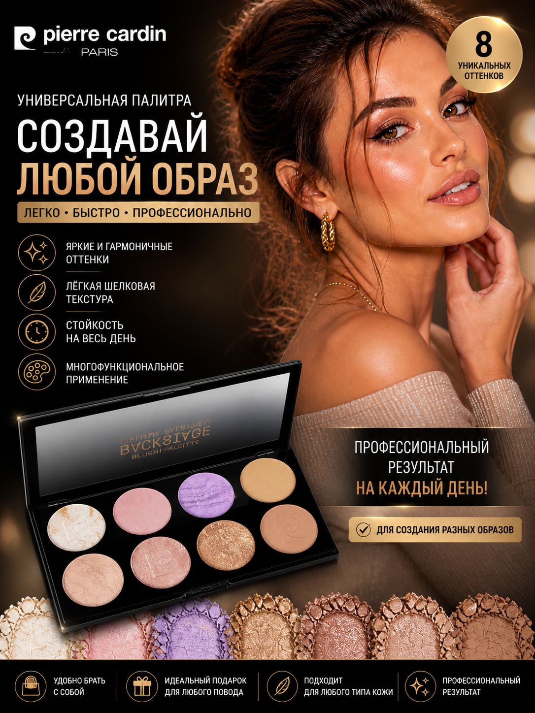 Палетка румян Pierre Cardin Backstage Blush Palette 8 оттенков, универсальные румяна для лица, стойкость до 12 часов, натуральный эффект, профессиональный макияж