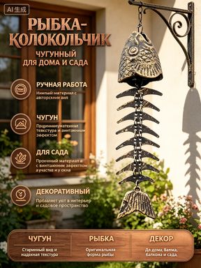 Чугунный колокольчикветряк в виде рыбьего скелета, декоративный подвес для сада и дома, ручная работа