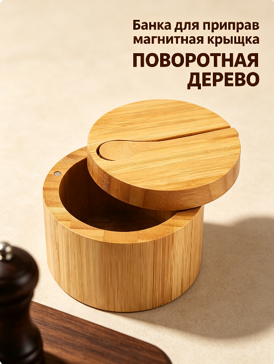 Круглая деревянная емкость для соли и специй с магнитной крышкой для кухни