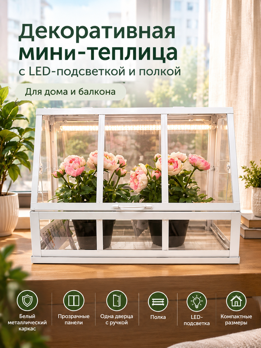 Декоративная мини-теплица с LED-подсветкой и полкой, белый каркас, для дома и балкона