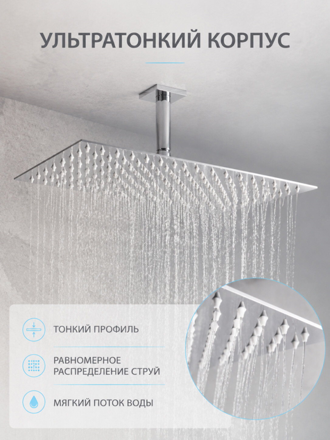 Потолочный тропический душ квадратный 40x40 см из нержавеющей стали 201 с хромированным покрытием и силиконовыми