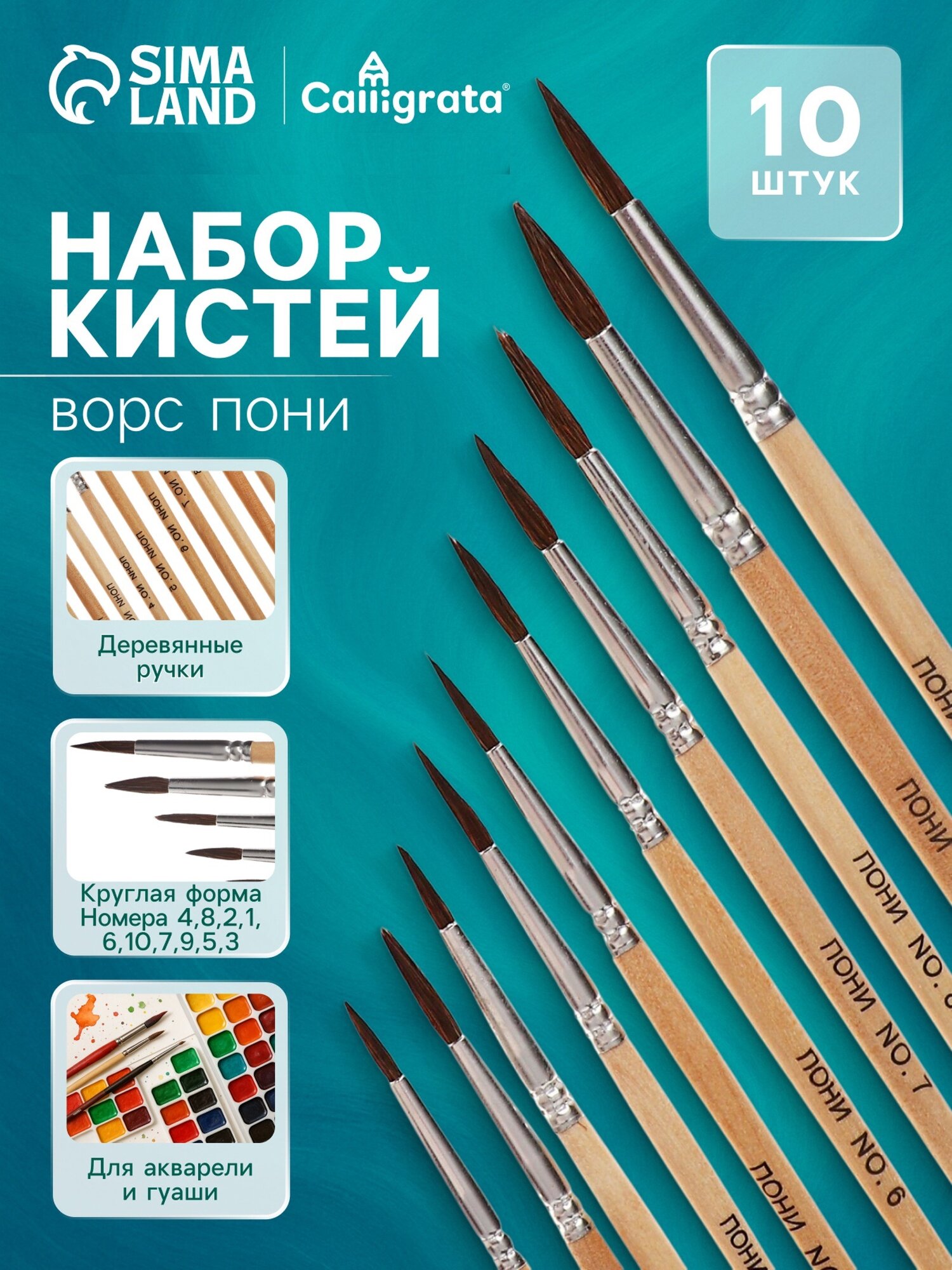Набор кистей пони 10 штук ( круглые: №1, 2 ,3 , 4, 5, 6, 7, 8, 9, 10), с деревянными ручками на блистере