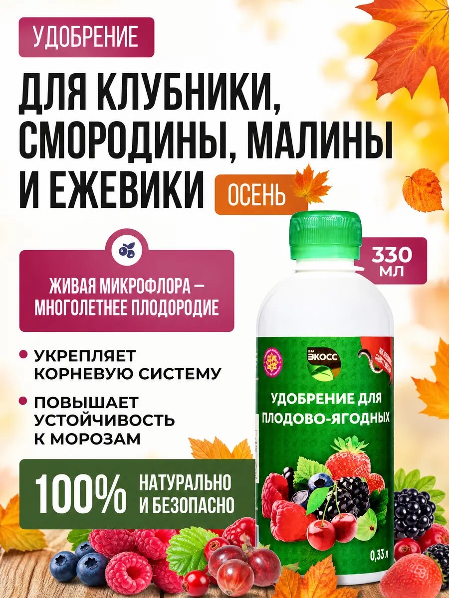 Удобрение для клубники, малины и ежевики осень, подкормка для смородины и крыжовника экосс 330 мл