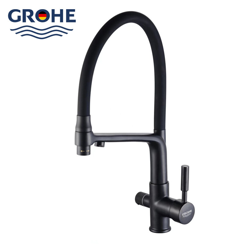 GROHE Смеситель 3-в-1 для кухни с гибким изливом, кран под фильтр для мойки (горячая, холодная, чистая вода) 360°