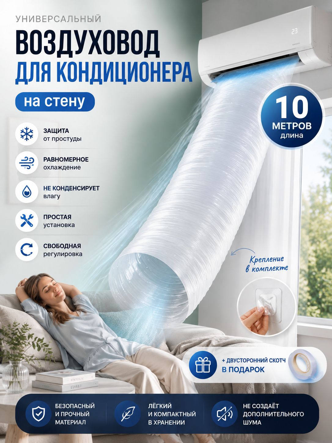 Воздуховод для мобильного кондиционера 10 м, двусторонний скотч в подарок