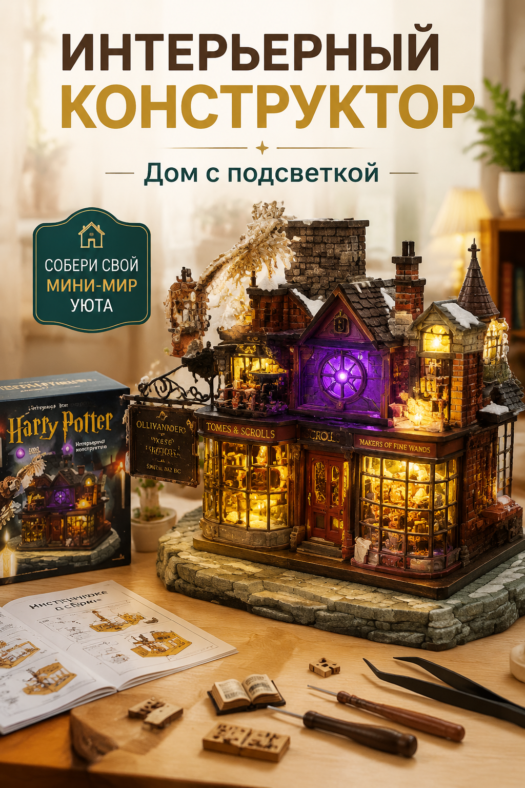 Интерьерный конструктор дом с подсветкой, набор для сборки миниатюры