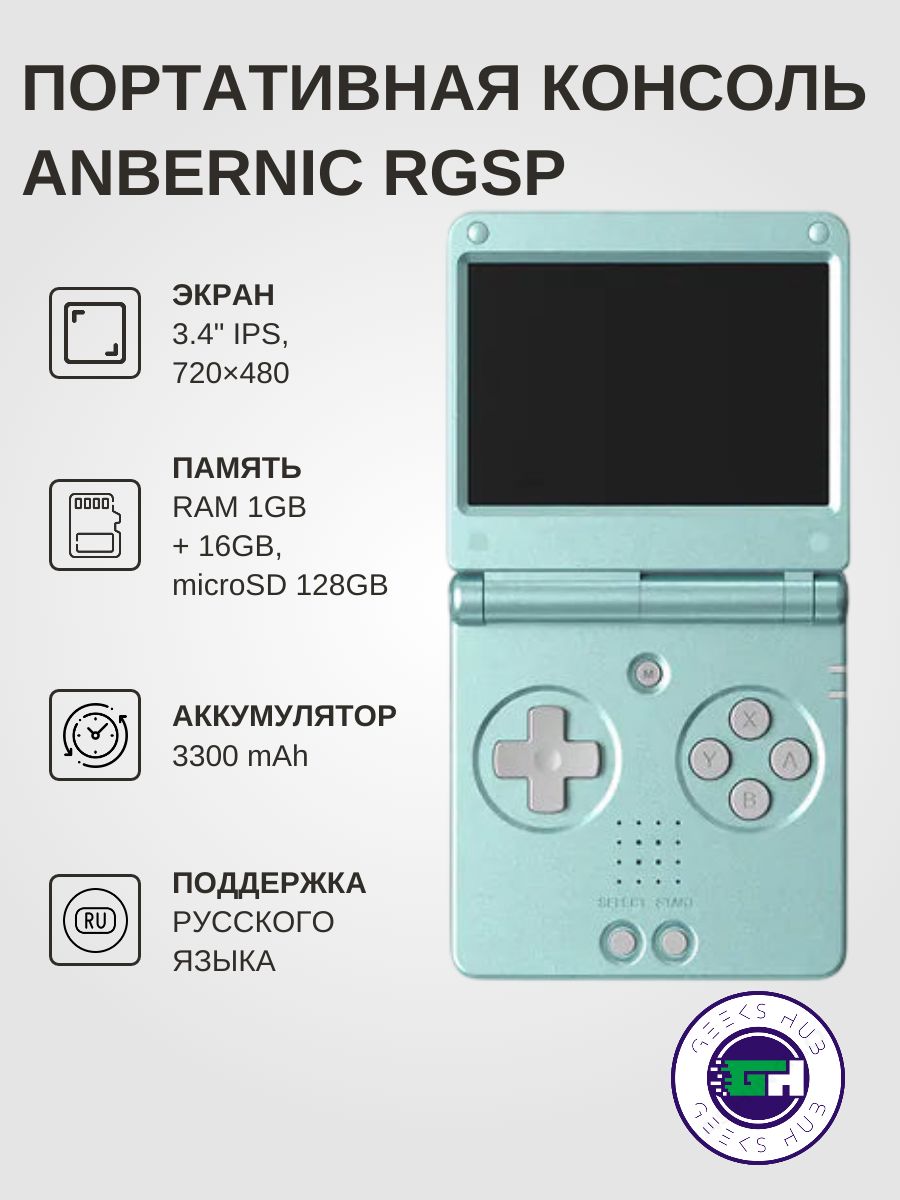 Портативная игровая приставка ANBERNIC RGSP, RAM 1 Гб + 16 Гб, microSD 128 Гб, светло-голубой