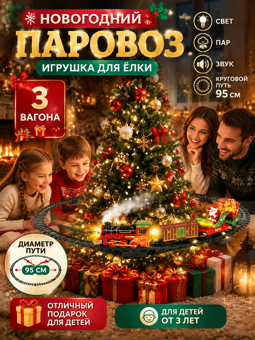 Новогодний паровоз-игрушка для ёлки: 3 вагона, круг 95 см, свет, дым и звук для детей от 3 лет