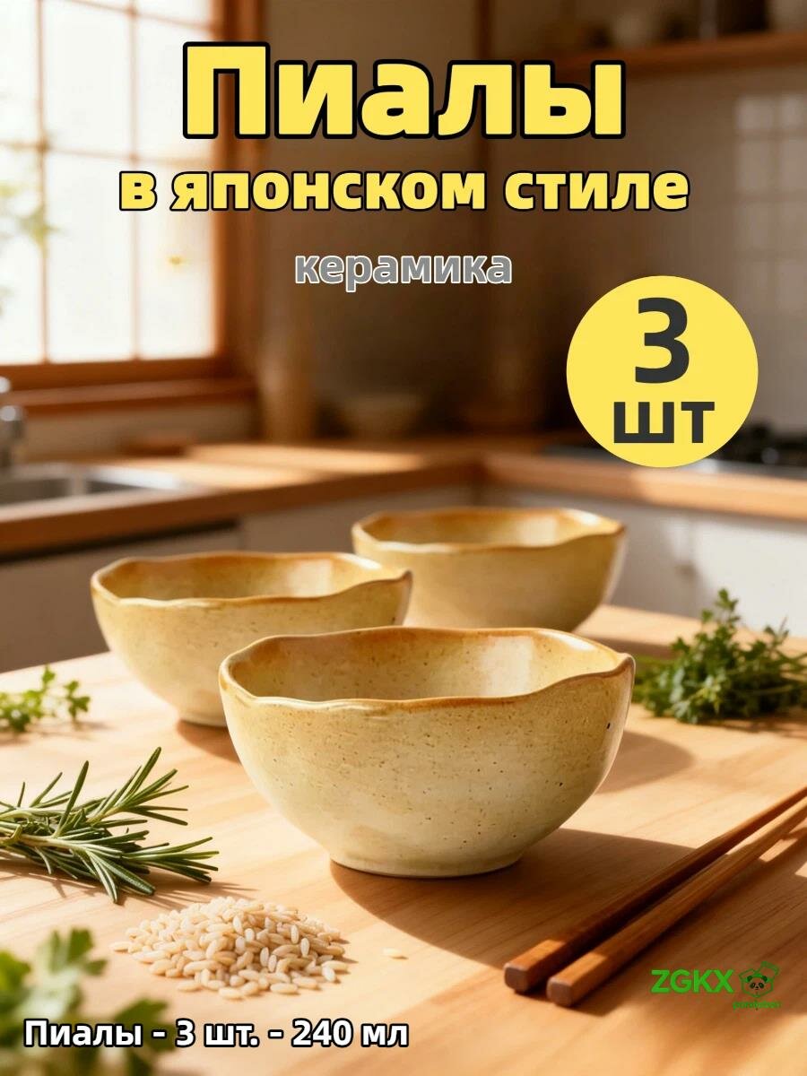 Керамические пиалы в японском стиле 3 шт, 11.3 см, 240 мл, тёплый оттенок, матовые